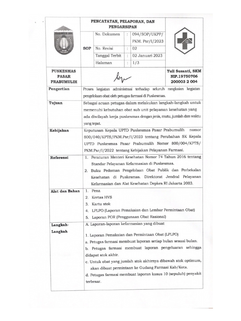 Sop Pencatatan, Pelaporan Dan Pengarsipan | PDF