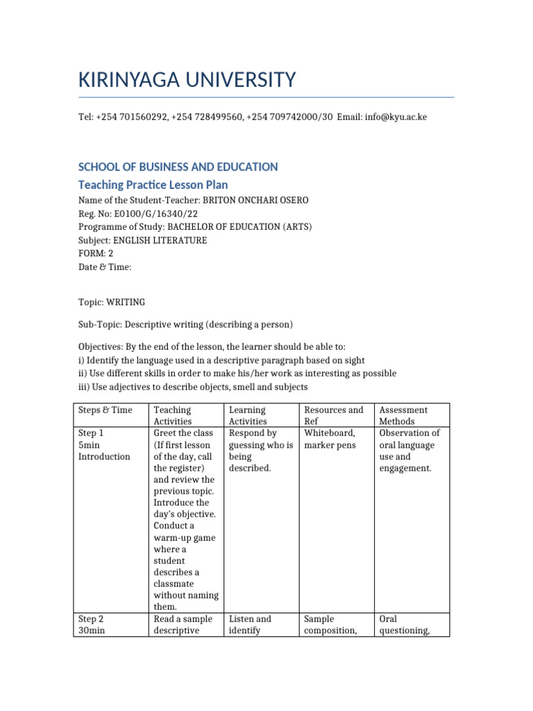 Descriptive_Writing_LessonPlan_Format | PDF | Lesson Plan | Procedural Knowledge