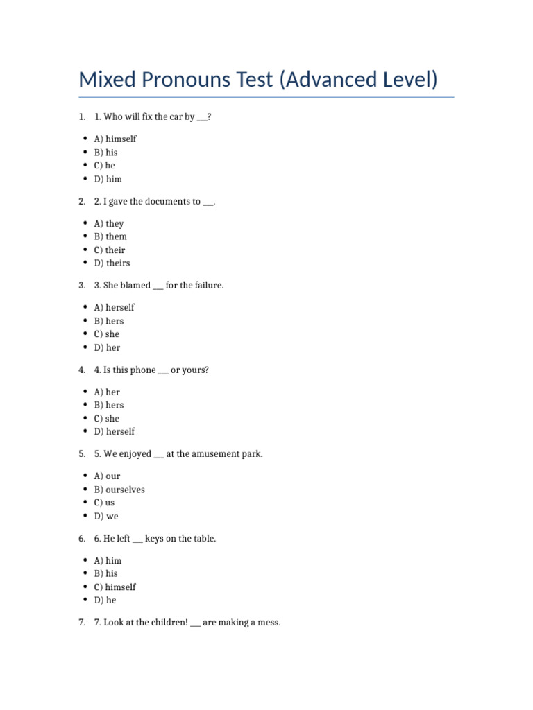 Mixed Pronouns Test Advanced | PDF