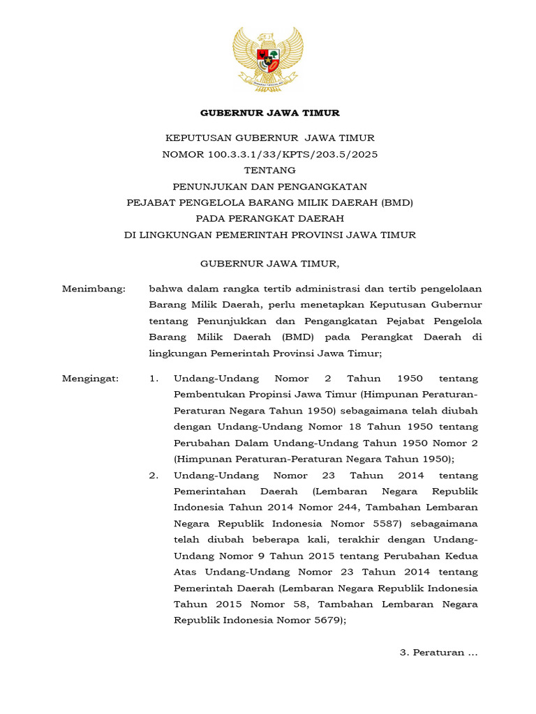 2025 SK Gubernur Pejabat Pengelola BMD | PDF