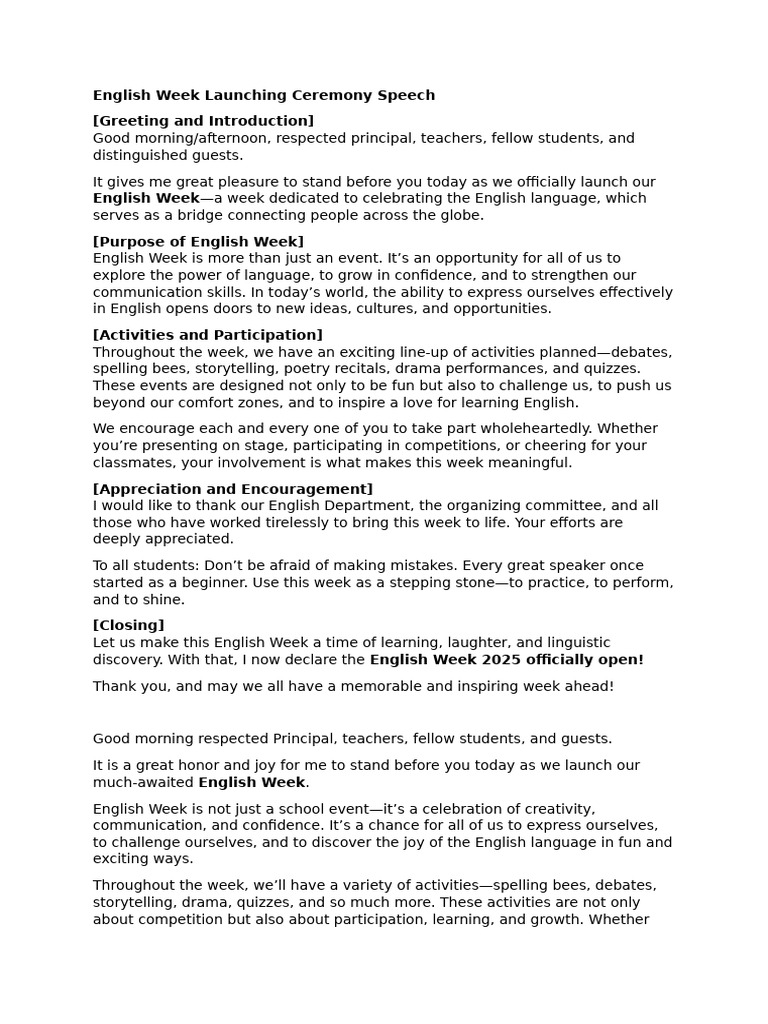 English Week Launch Ceremony Speech | PDF | English Language | Cognition