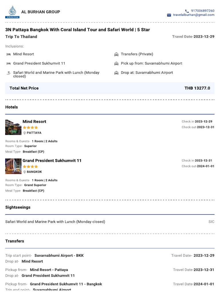 3N Pattaya Bangkok With Coral Island Tour and Safari World - 5 Star | PDF