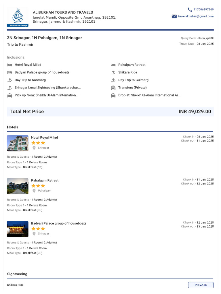 3N Srinagar, 1N Pahalgam, 1N Srinagar-1 | PDF