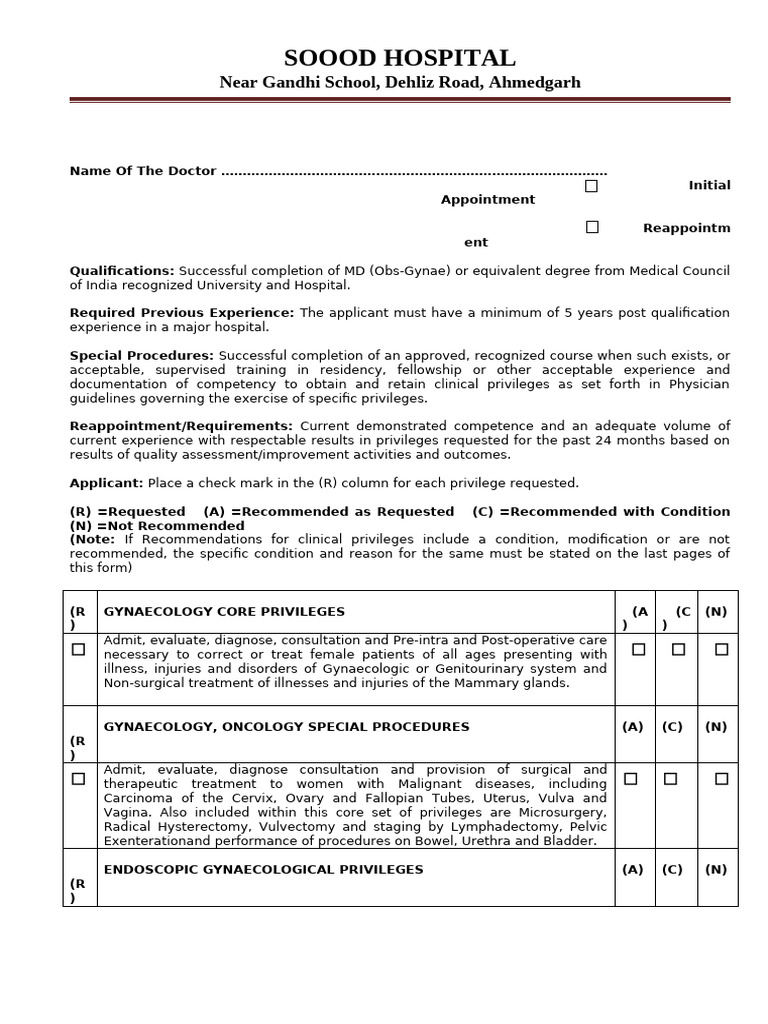 Gynaecology Privileges Application Form | PDF | Medical Specialties ...