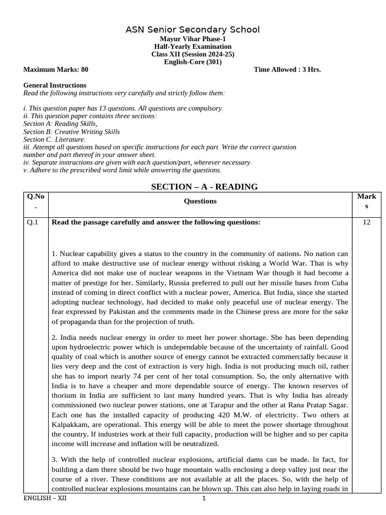 Class XII English HY 2024-25 | PDF | Nuclear Power | Incentive