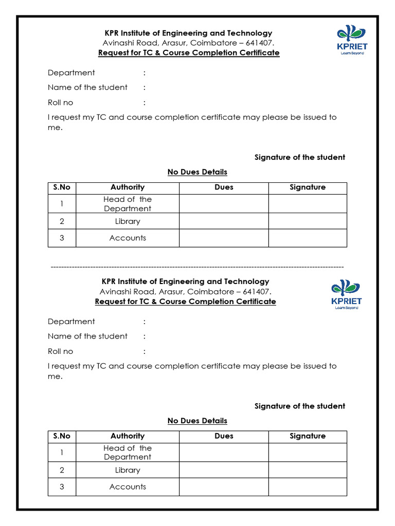 TC & Course Completion Request Form | PDF