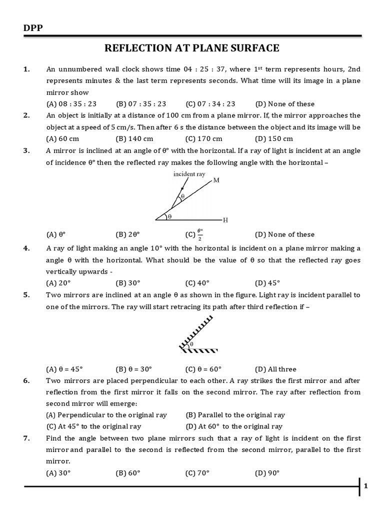 Sheet - 01 - Reflection at Plane Surface | PDF | Mirror | Reflection ...