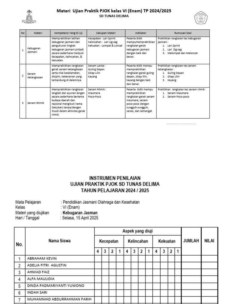 Rubrik Penilaian Ujian Praktik PJOK Kelas 6 TP 2024-2025 | PDF