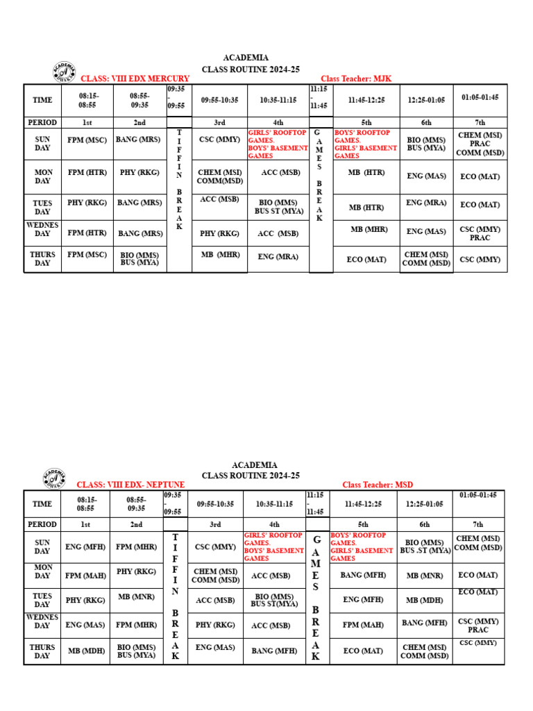 2024-25 Class Routine W.e.o-01 July | PDF