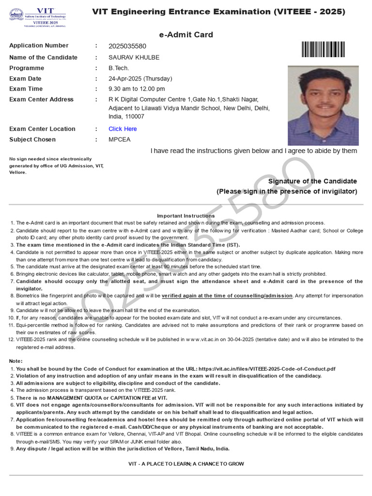 VITEEE 2025 admit card | PDF