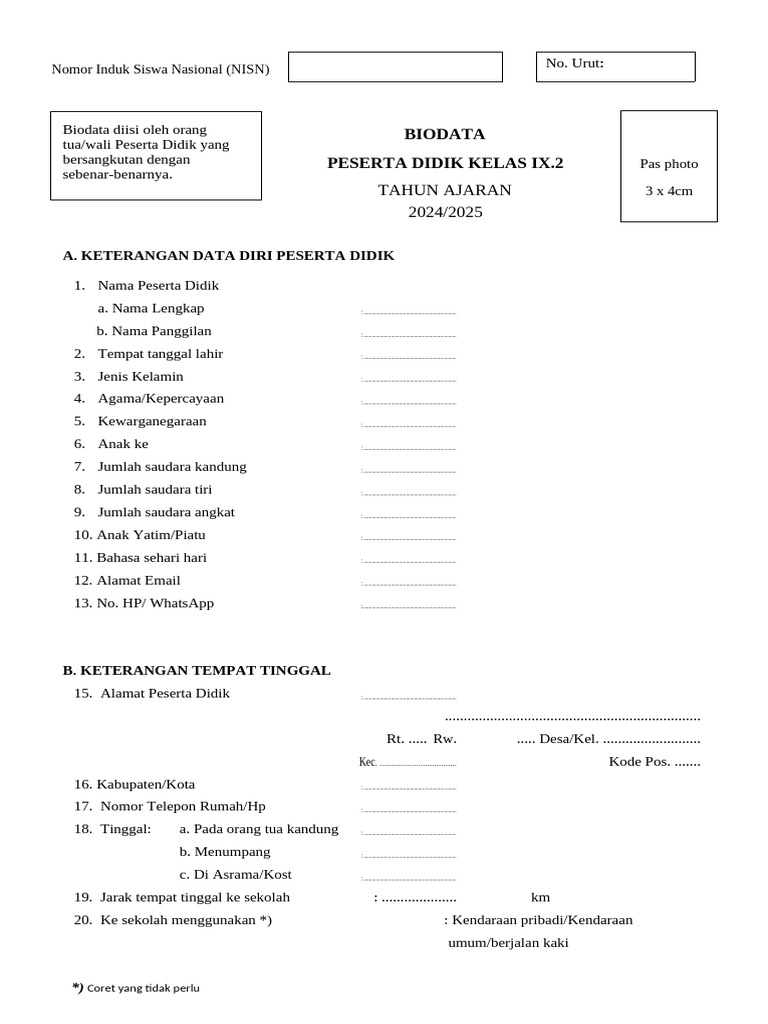 Formulir Isian Siswa PPDB Tahun 2024 2025 | PDF