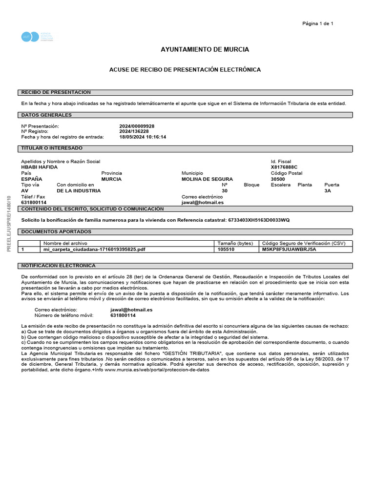 Ayuntamiento de Murcia: Acuse de Recibo de Presentación Electrónica | PDF | Archivo de computadora