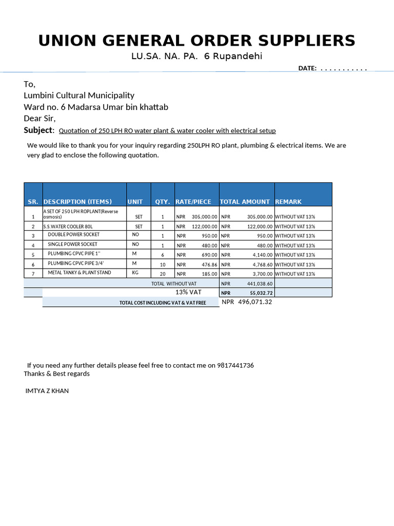 Quotation for 250 LPH RO Plant Setup | PDF