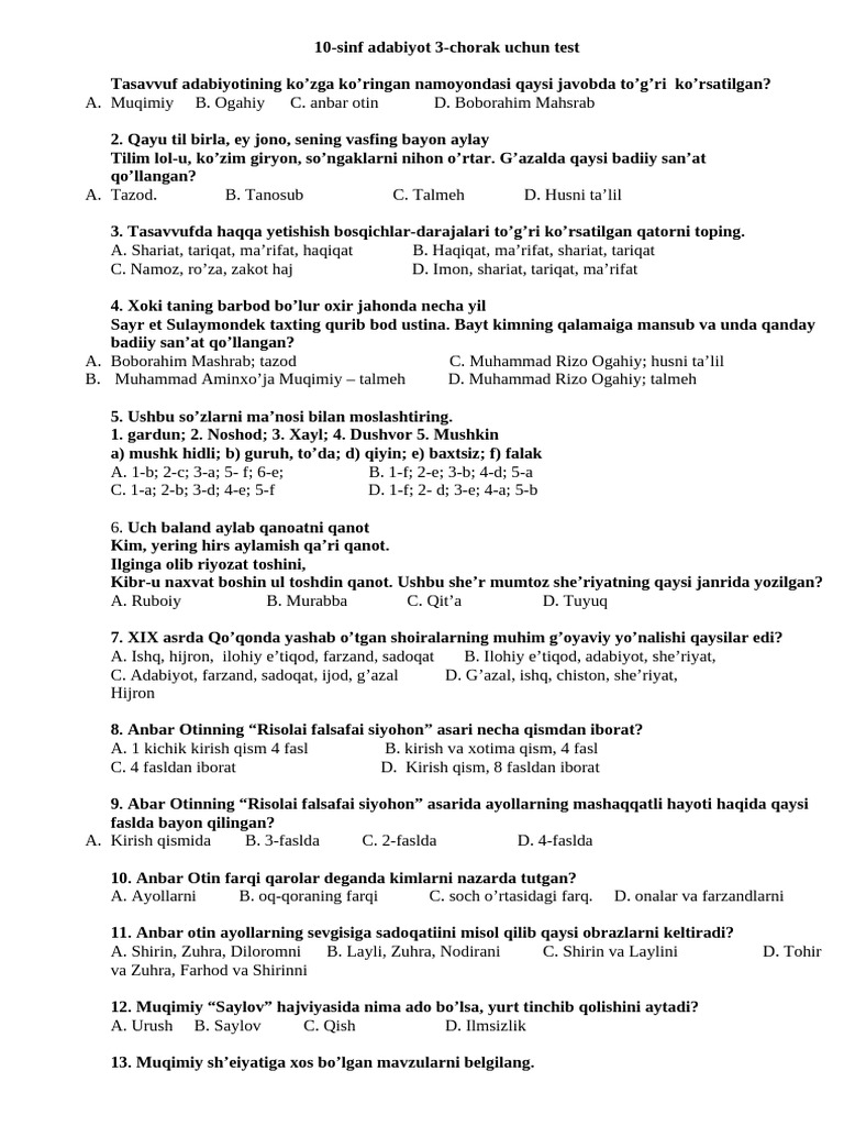 10 Sinf Adabiyot 3 Chorak Test Yangi Darslik | PDF