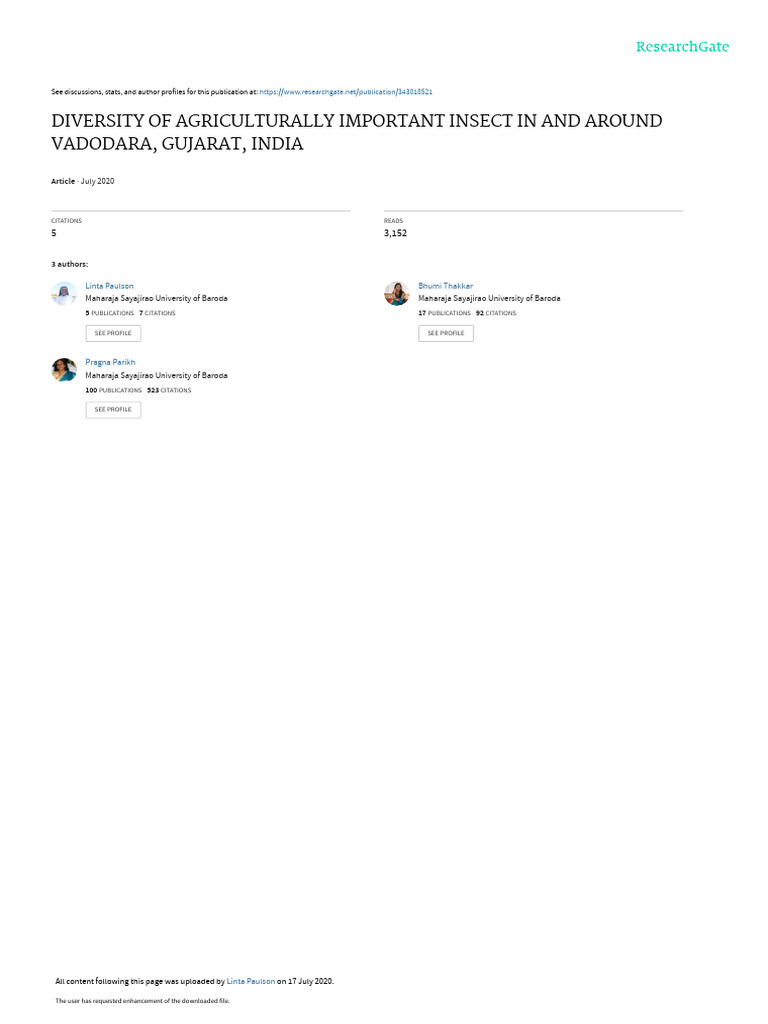 Diversity of Agriculturally Important Insect in and Around Vadodara ...