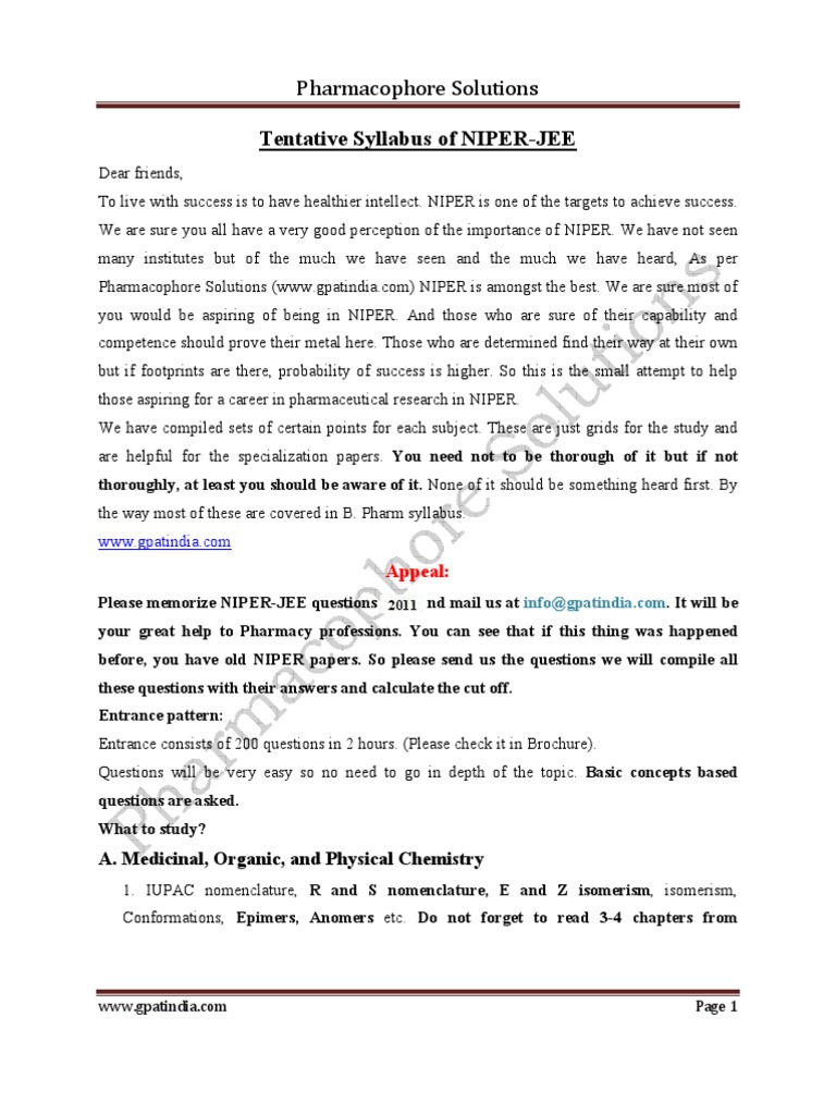 Tentative Syllabus of NIPER-JEE: Pharmacophore Solutions | PDF ...