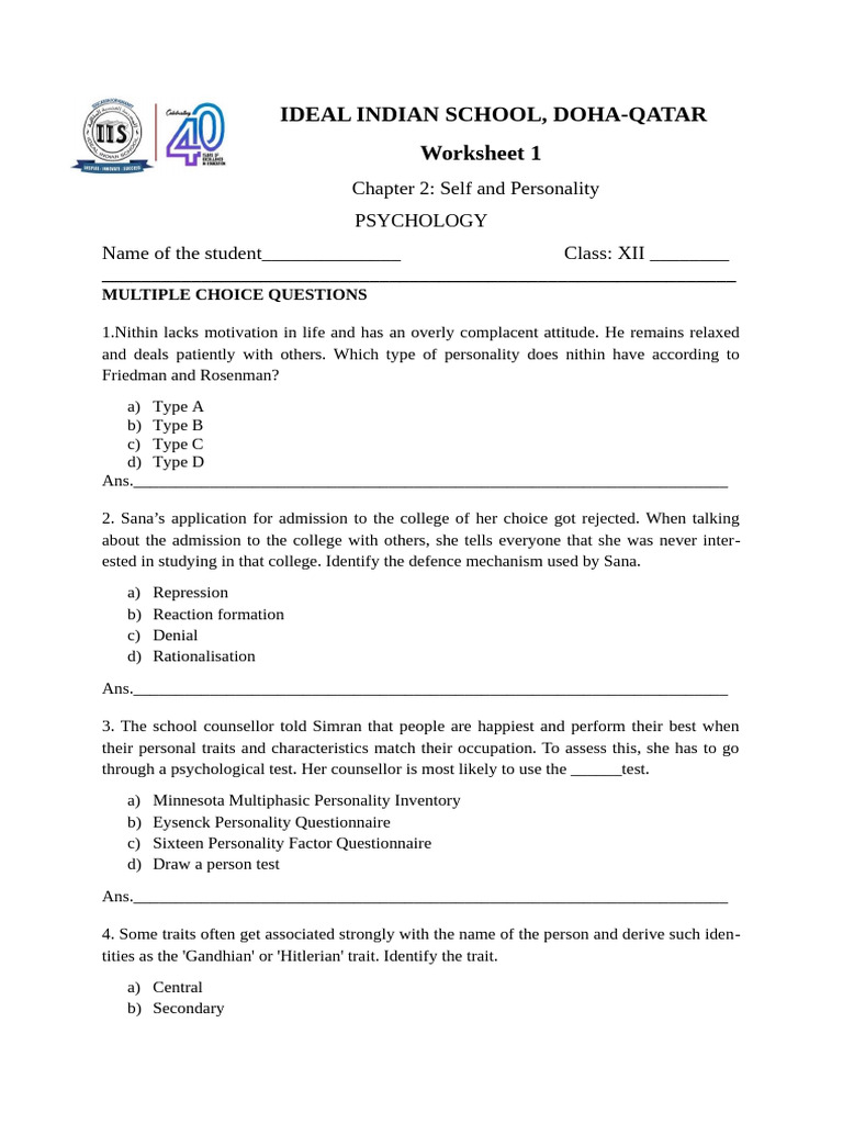 PSY XII Chap.2 Worksheet 1 | PDF | Psychological Concepts | Psychology