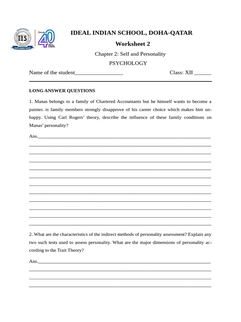 PSY XII Chap.2 Worksheet 2 | PDF | Self Concept | Reason