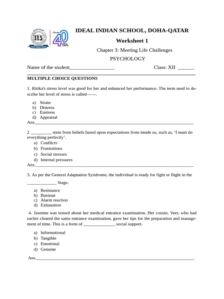 PSY XII Chap.3 Worksheet 1 | PDF | Stress (Biology) | Cognition