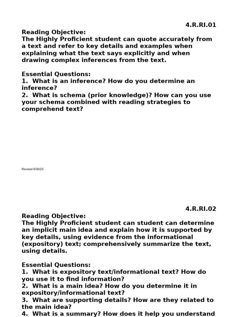 4th Grade Reading Standards For Posting | PDF | Reading Comprehension ...