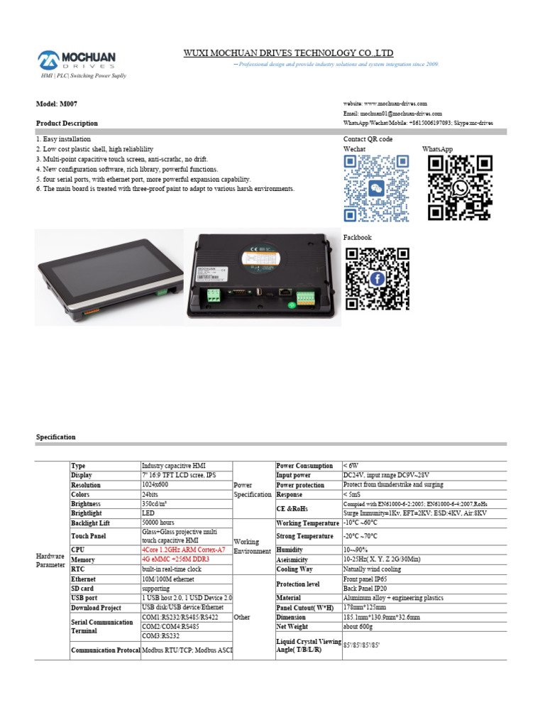 7'' M007 HMI Panel Datasheet | PDF | Computer Science | Computing