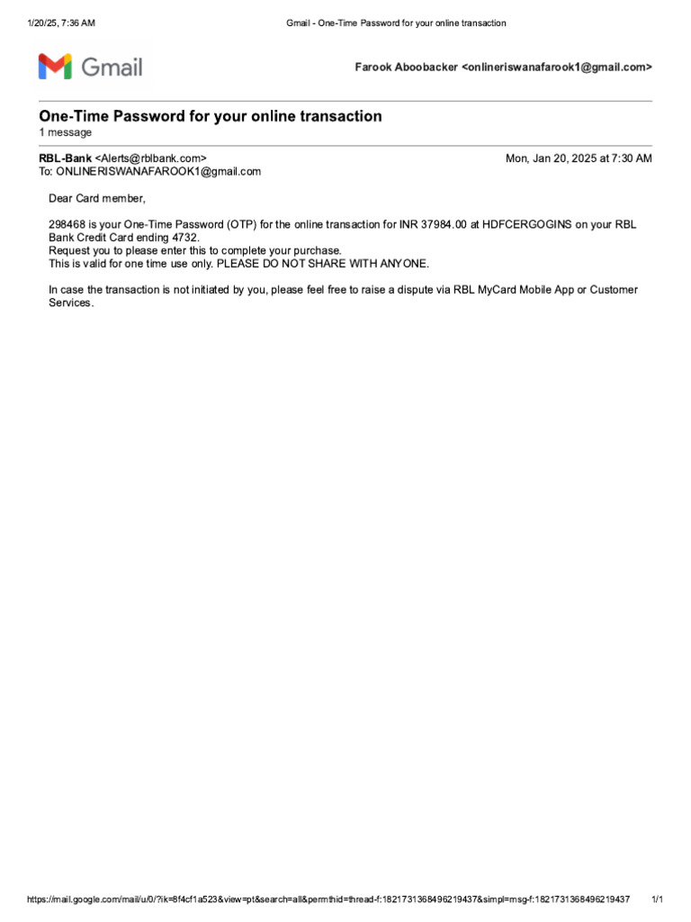 Gmail - One-Time Password For Your Online Transaction | PDF