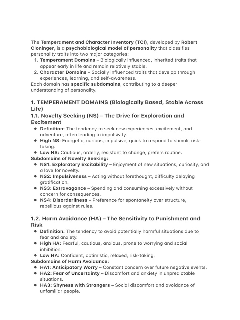 Cloninger's Temperament & Character Inventory | PDF | Temperament ...