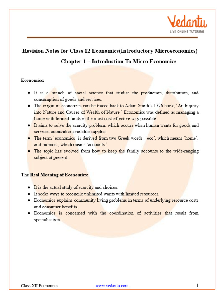 Class 12 Microeconomics Chapter 1 Notes | PDF | Economics | Microeconomics
