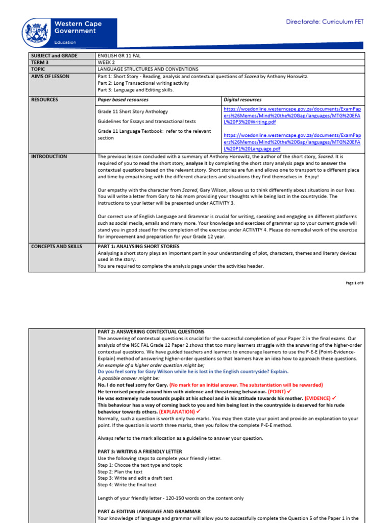 Grade 11 English: Scared Analysis Guide | PDF | Plot (Narrative) | Hiking