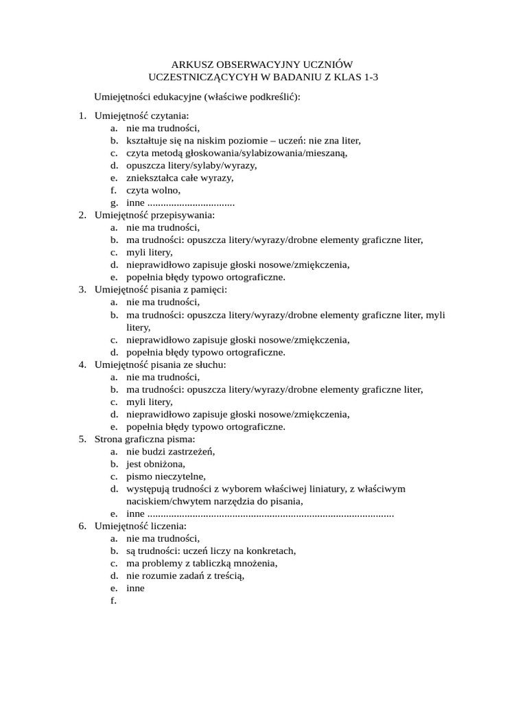 Arkusz Obserwacji | PDF