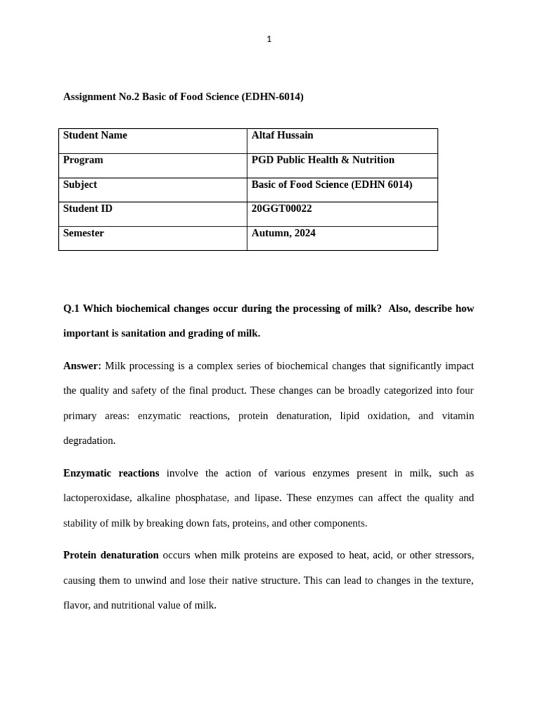 Assignment No.2 Basic of Food Science (EDHN-6014) | PDF | Milk | Emulsion