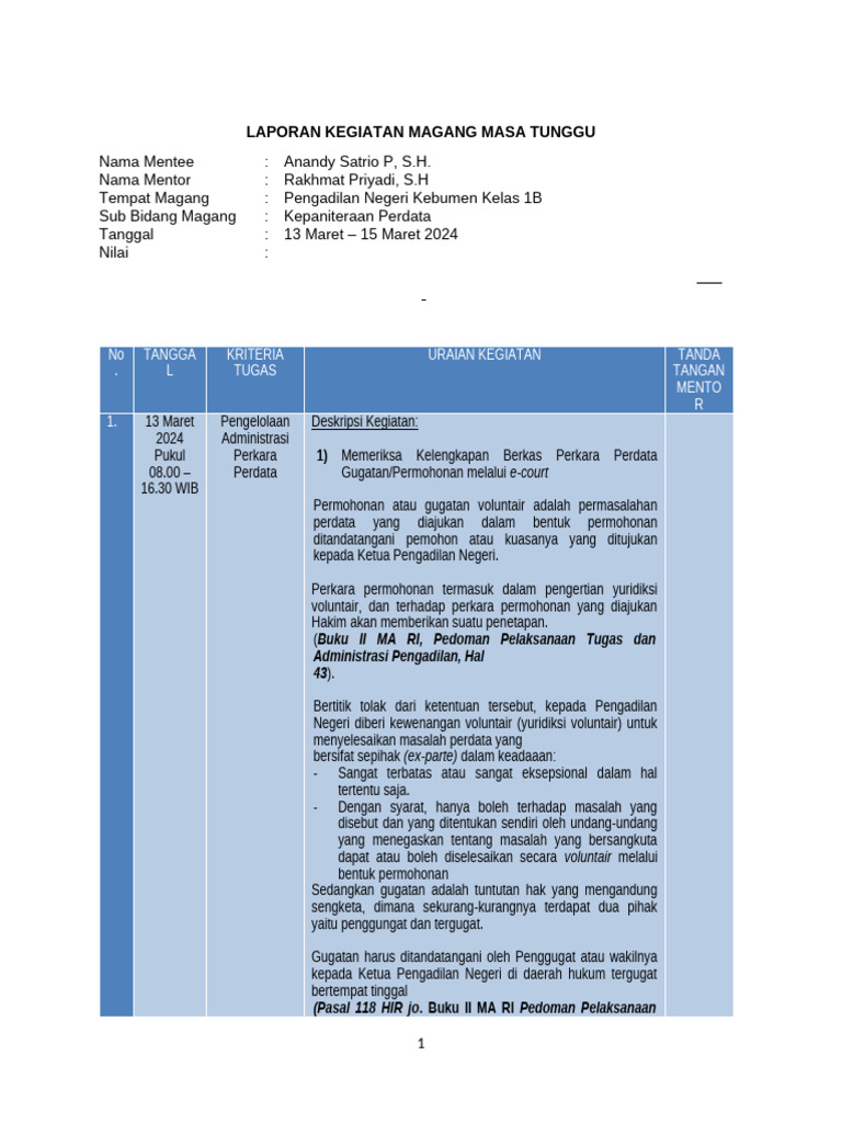 Laporan Kegiatan Masa Tunggu - Kepaniteraan Perdata | PDF