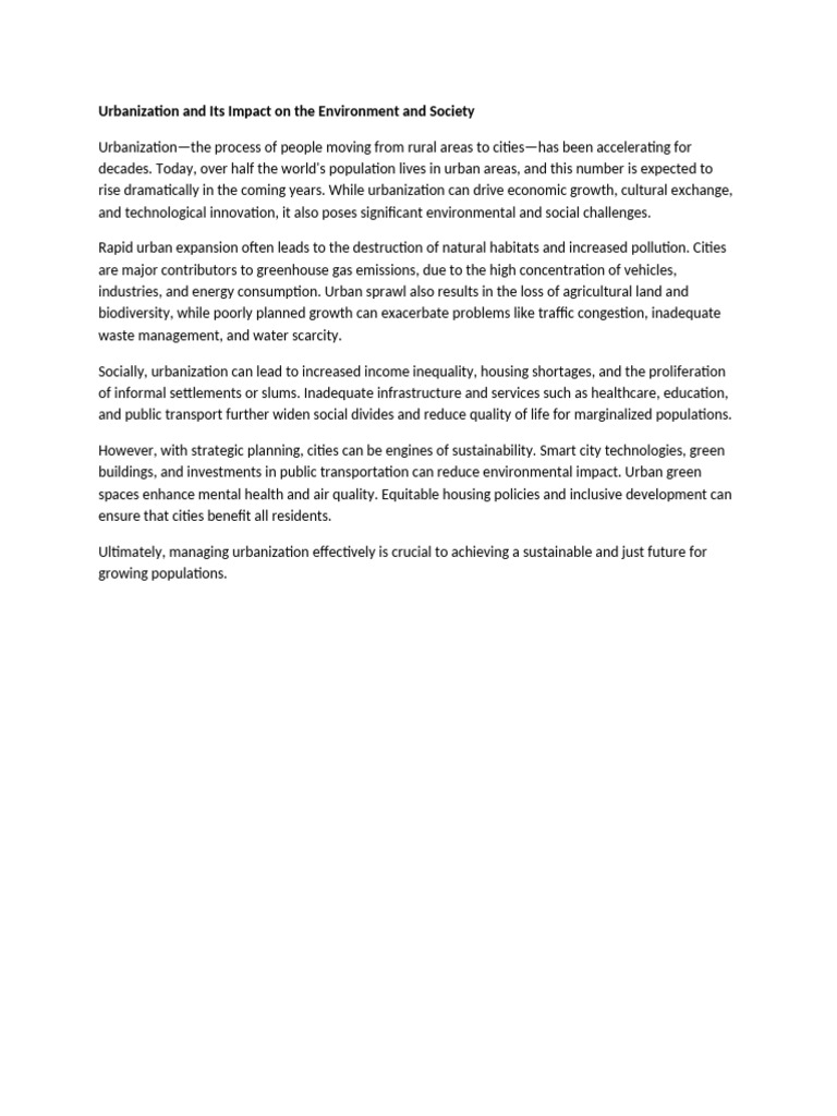 Urbanization and Its Impact On The Environment and Society | PDF