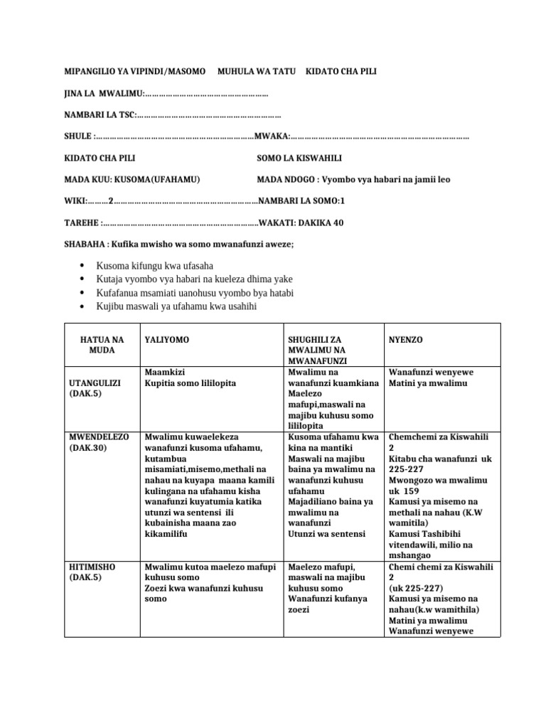 161 Form 2 Kiswahili Lesson Plans Word Format | PDF