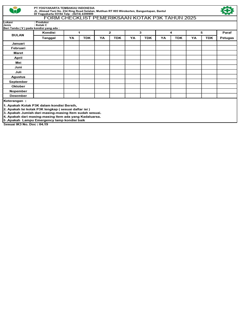 Checklist Pemeriksaan Kotak P3K | PDF