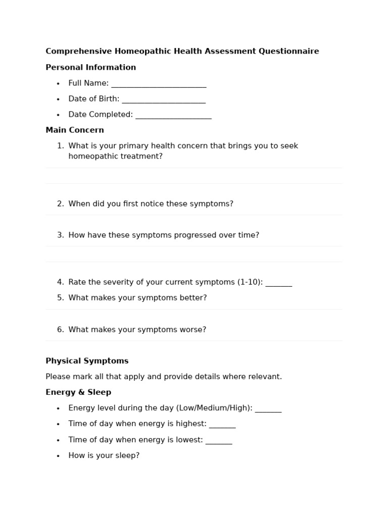 Comprehensive Homeopathic Health Assessment Questionnaire | PDF ...