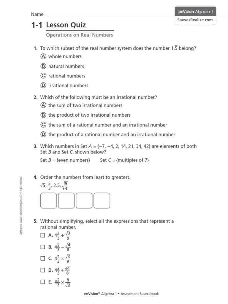 Printable - 1-1 - Lesson Quiz | PDF | Rational Number | Real Number
