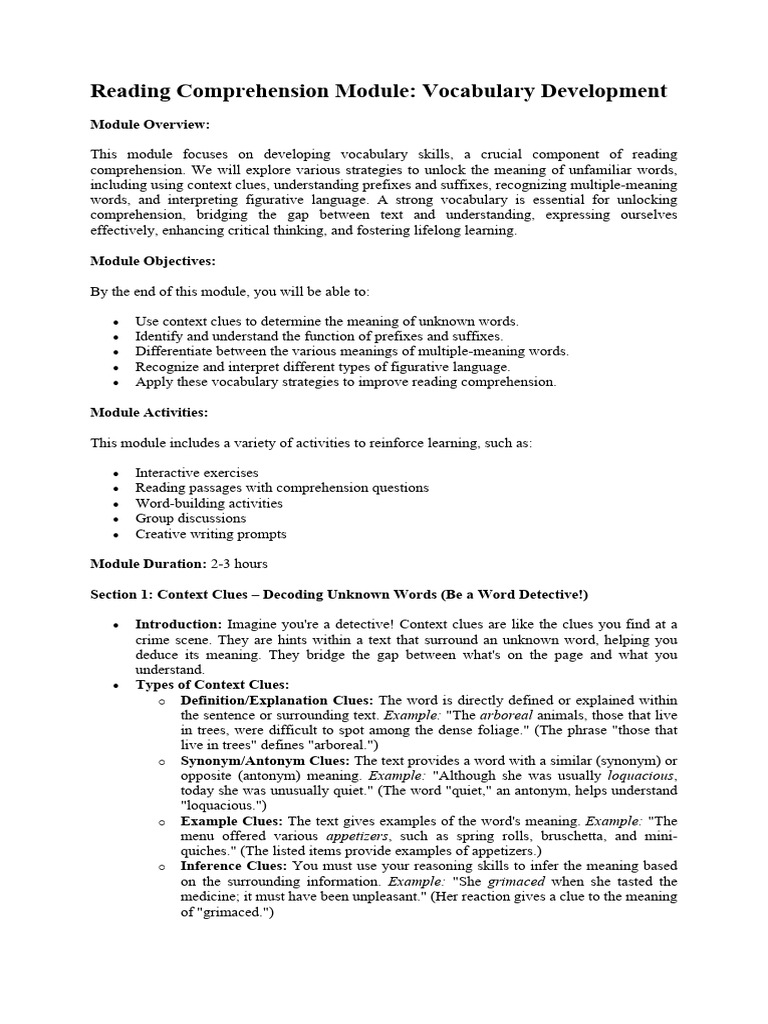 Module 2 - Reading Comprehension - Vocabulary Development | PDF | Reading Comprehension ...