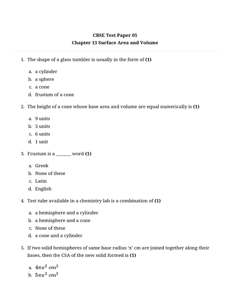 Chapter 13 Surface Areas and Volumes Test 05 | PDF | Sphere | Area