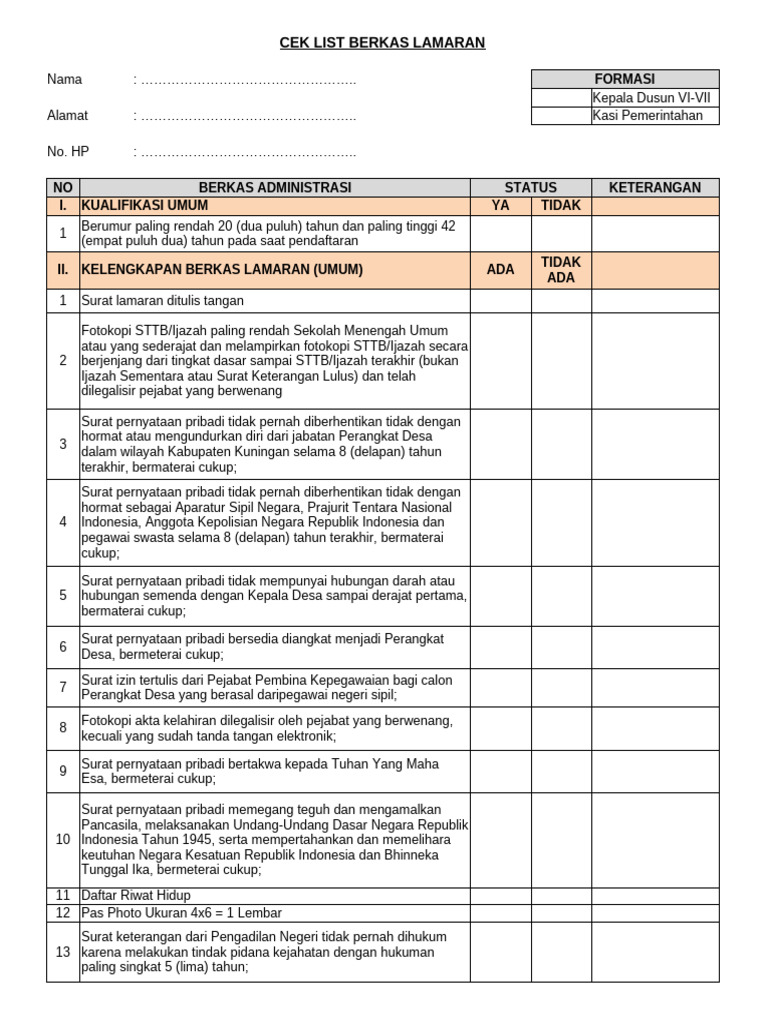 Ceklis List Berkas Lamaran | PDF