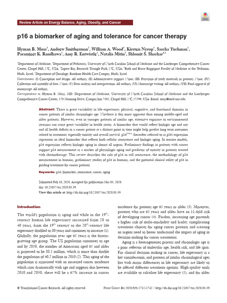p16是衰老和癌症治疗耐受性的生物标志物 | PDF | Senescence | Biomarker