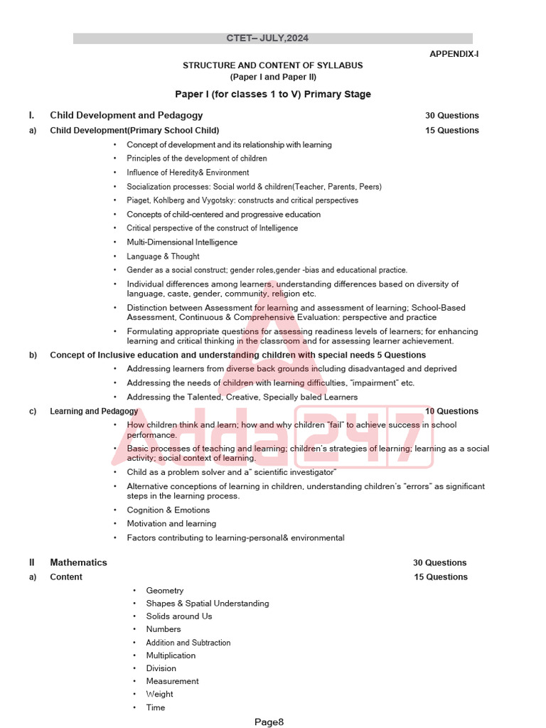 CTET Paper 1 Syllabus | PDF | Learning | Reading Comprehension