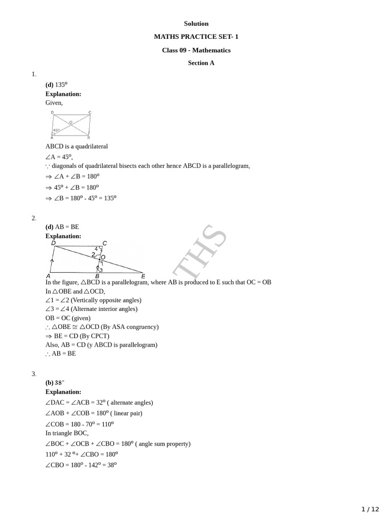 Maths Practice Set-1 Sol | PDF | Angle | Sphere