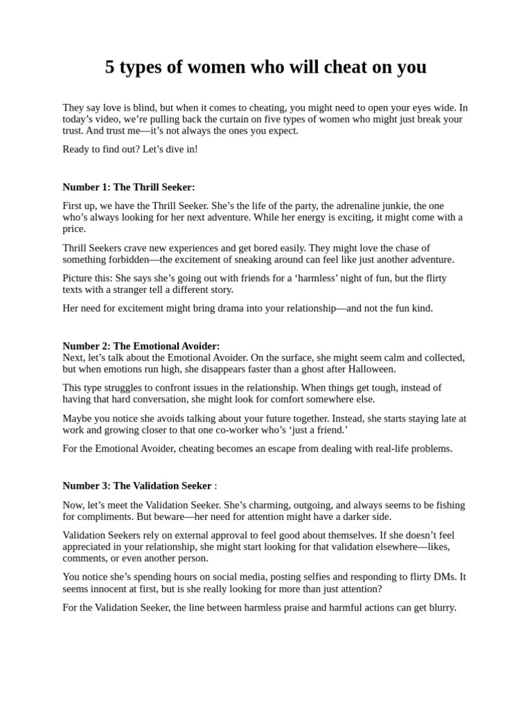 5 Types of Women Who Will Cheat On You | PDF