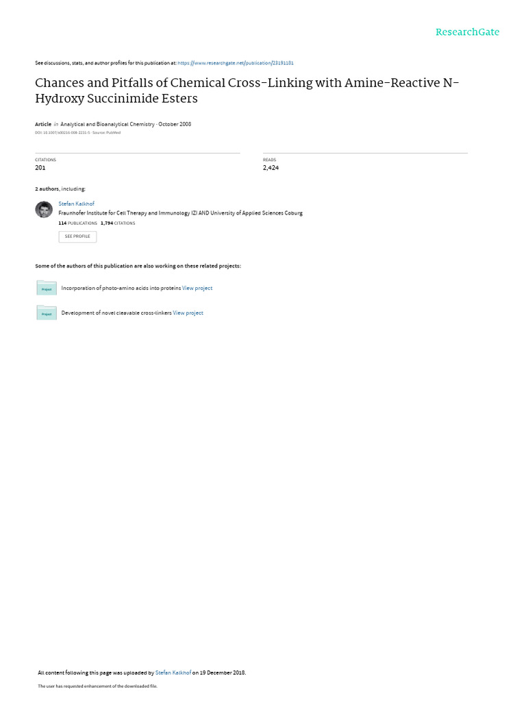 Kalkhof - AnalBioanal Chem 2008 - Chances & Pitfalls of Cross-Linking ...