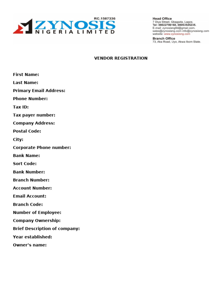 Vendor Registration Form Template | PDF