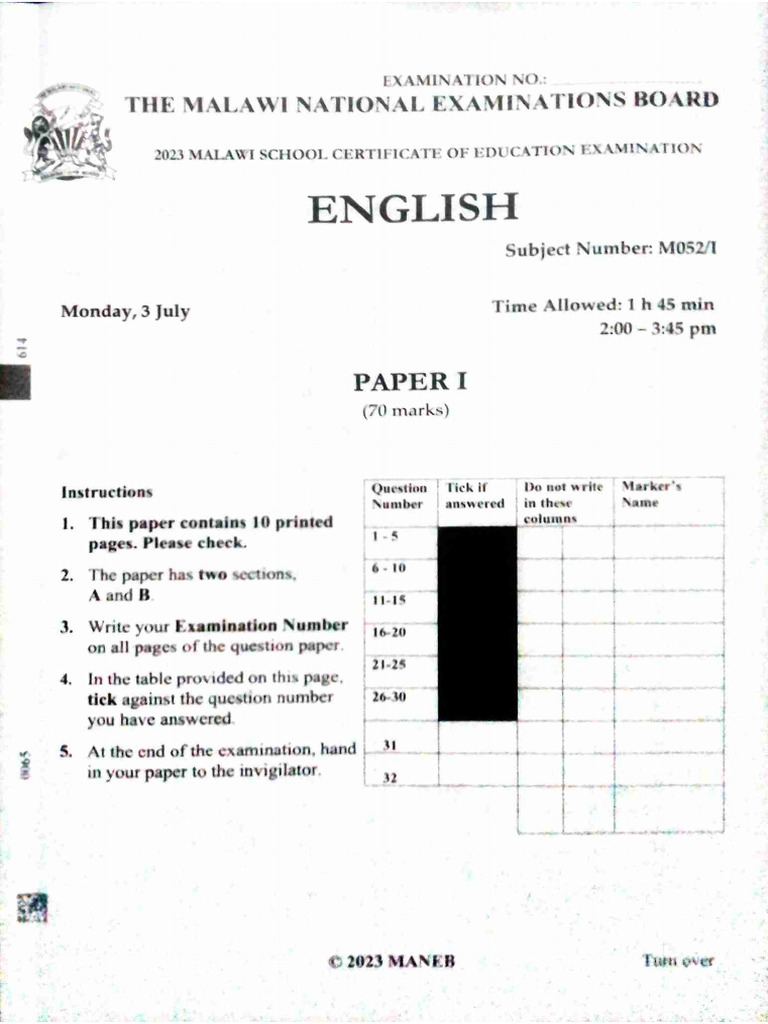 2023 Msce English P1 | PDF