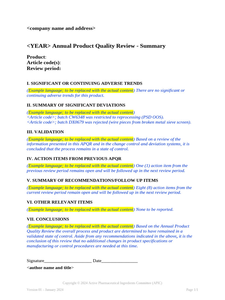 Annual Product Quality Review Summary | PDF