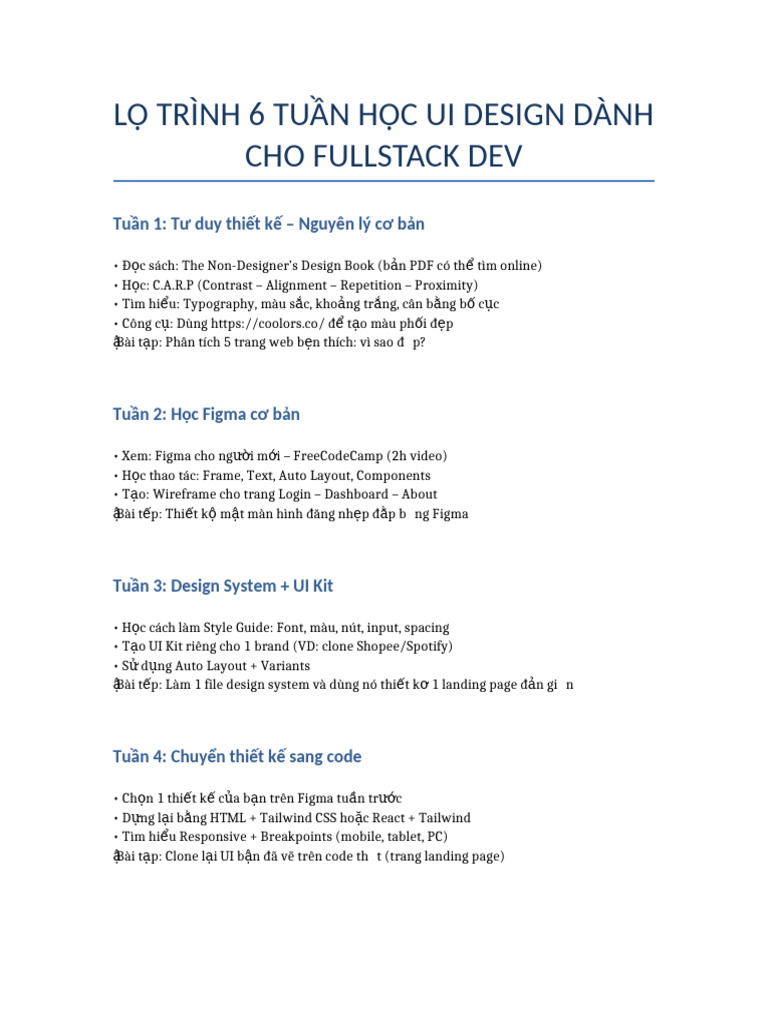 Lộ trình 6 tuần học UI dành cho Dev Fullstack | PDF