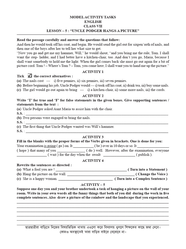 Activity Task 2020 CLASS VII LESSON - 5 - "UNCLE PODGER HANGS A PICTURE ...